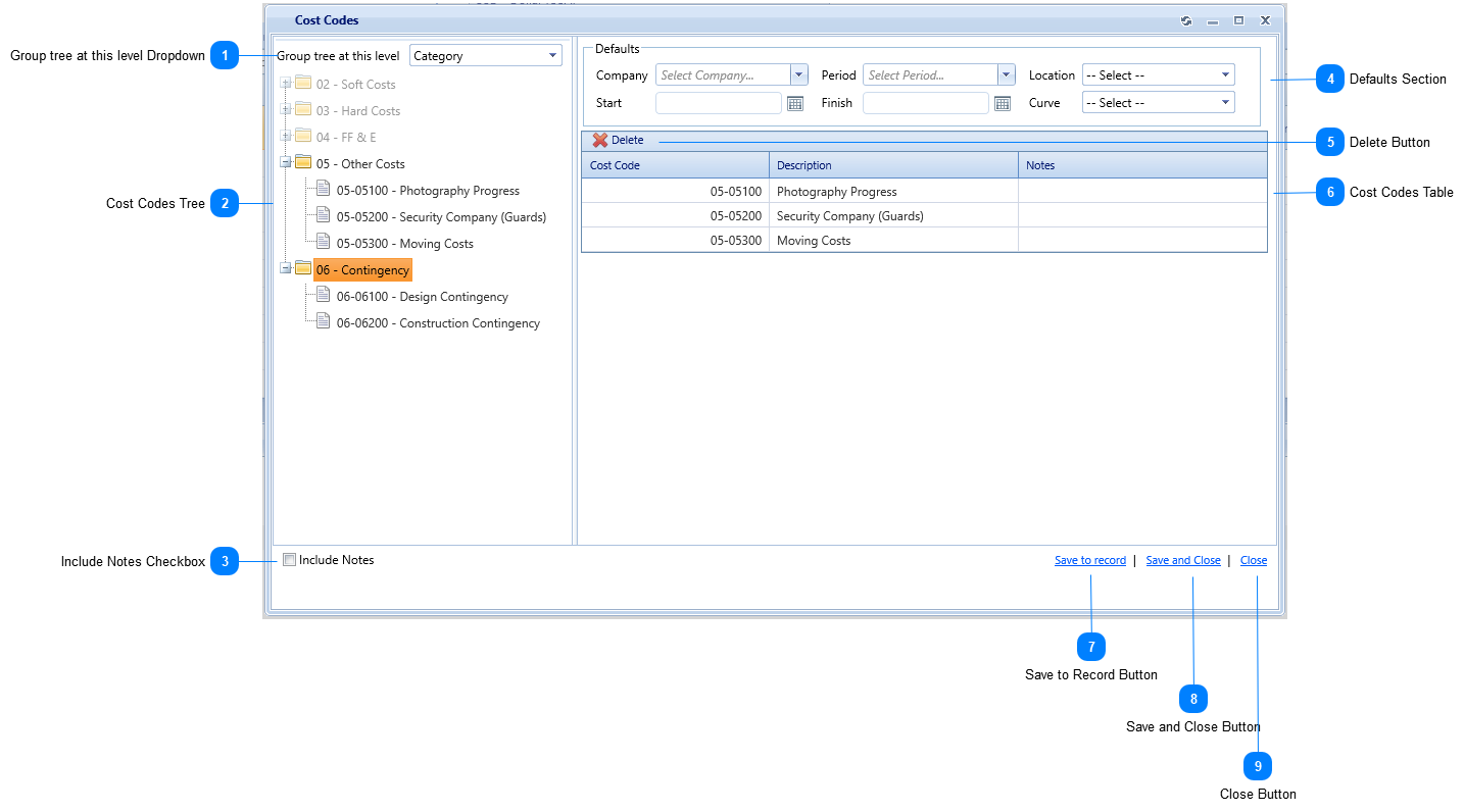 Cost Codes Dialog Cost Codes Dialog